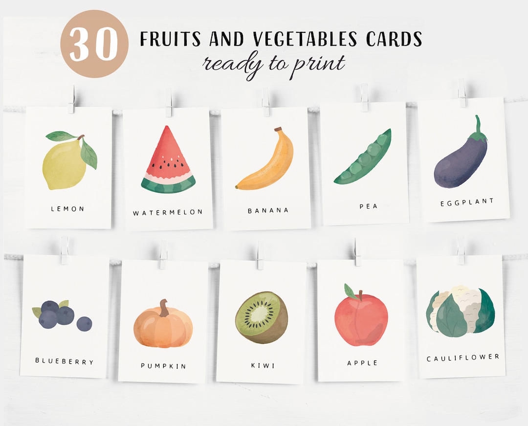 30 Fruits and Vegetables Cards, Montessori Flashcards, Pre-school Cards ...