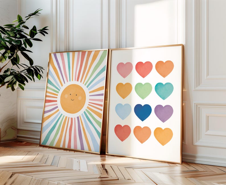 Set of 2 Rainbow Playroom Posters, Sun Nursery Poster, Watercolor ...