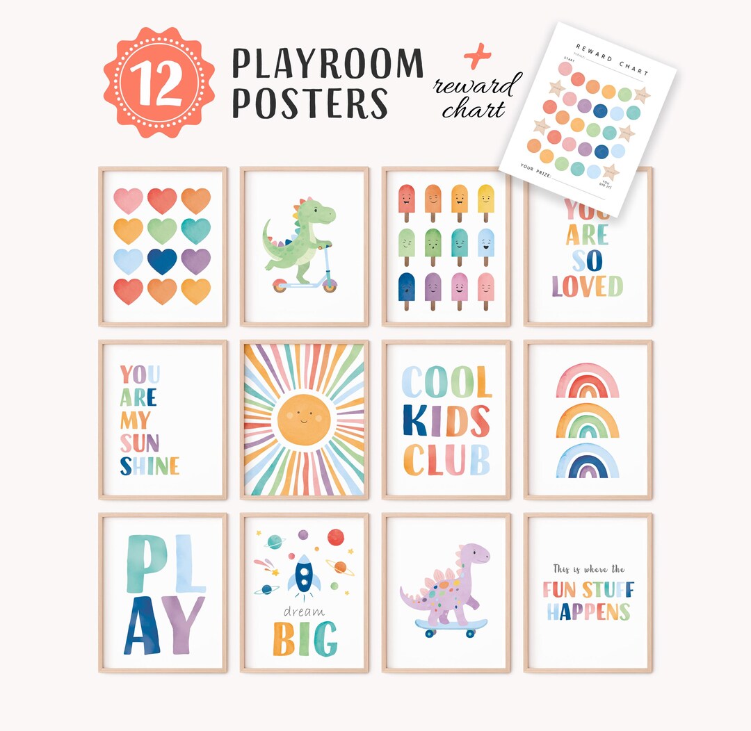 Playroom Wall Art Set of 12 Posters + Reward Chart | Nursery Prints ...