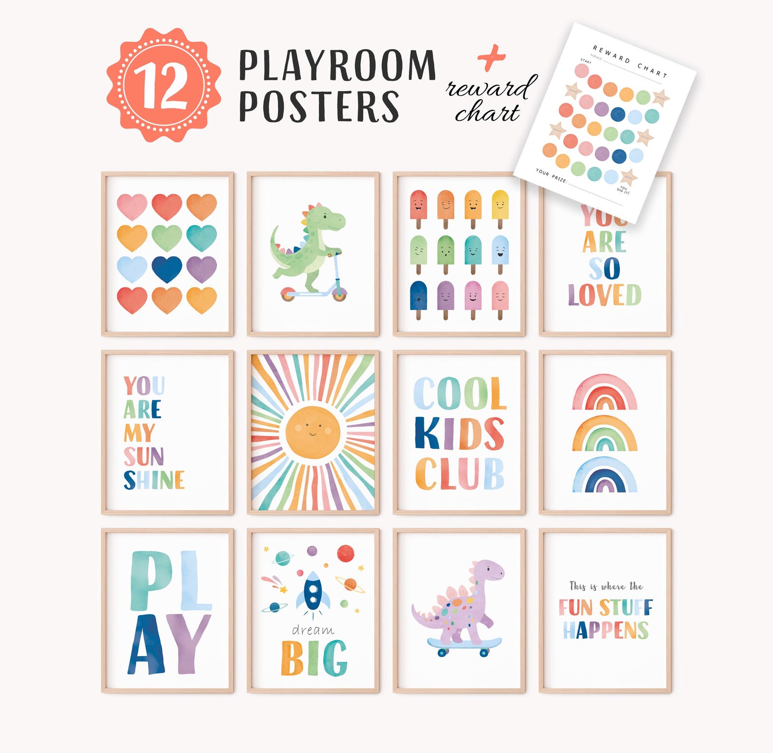 Playroom Wall Art Set of 12 Posters + Reward Chart | Nursery Prints ...