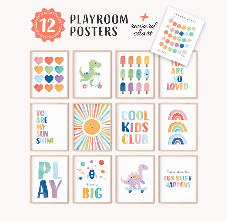 Playroom Wall Art Set of 12 Posters + Reward Chart | Nursery Prints ...