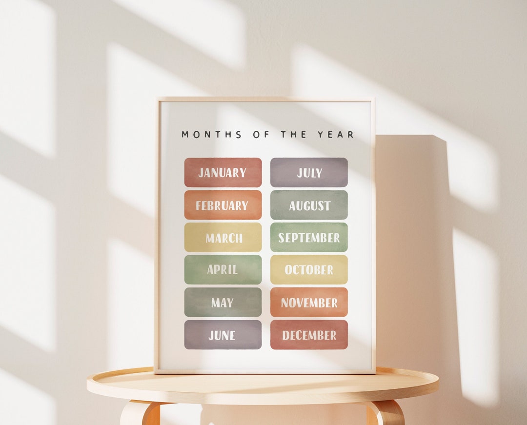 Months of the Year Poster, Playroom Educational Poster, Rainbow Nursery ...
