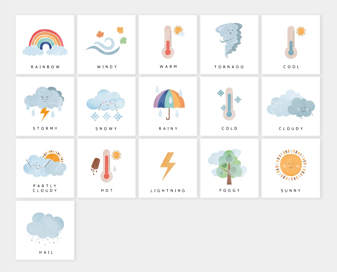 16 Weather Cards Montessori Flashcards Pre-school Cards - Etsy