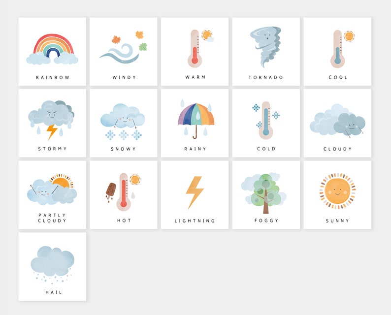 16 Weather Cards Montessori Flashcards Pre-school Cards - Etsy