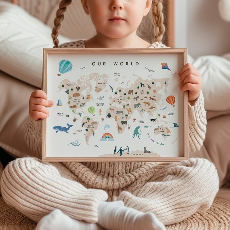 Animal World Map, Nursery Map, Safari Animals, Educational Poster ...