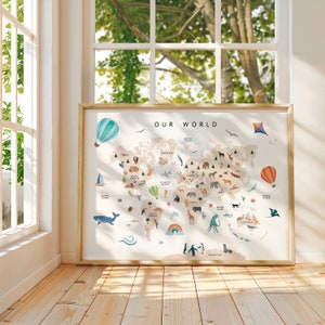 Animal World Map, Nursery Map, Safari Animals, Educational Poster ...