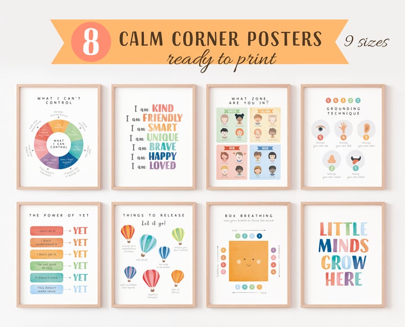 Set of 8 Calm Corner Posters, Feelings Chart, Feelings Scale, Mental ...