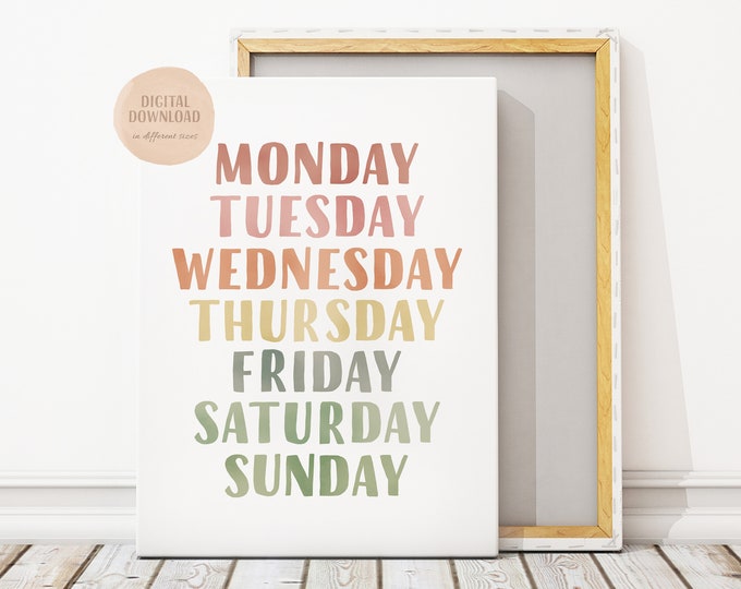 Rainbow Days of the Week, Playroom Educational Poster, Rainbow Nursery ...