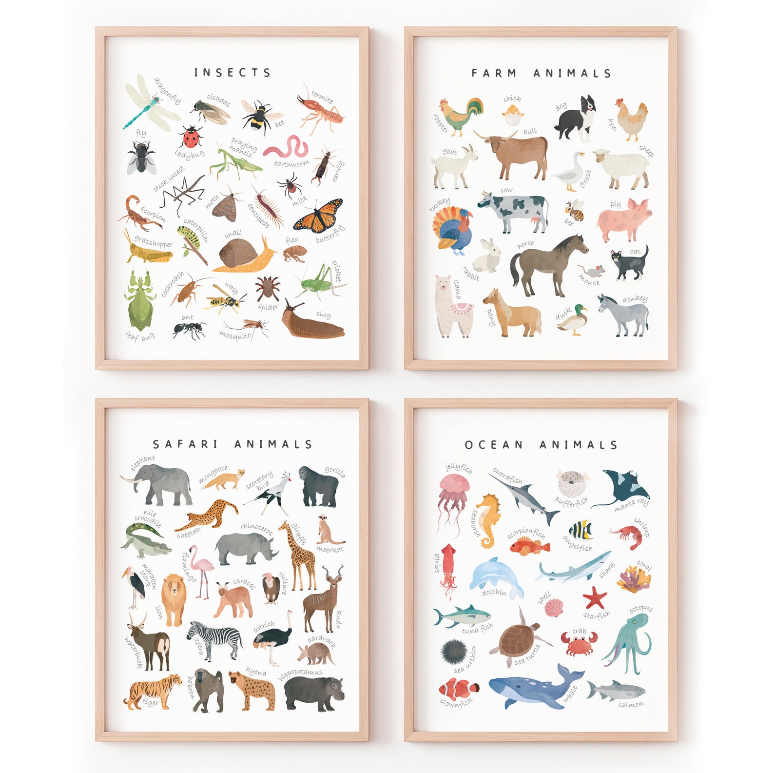 Set of 7 Educational Animal Posters, Insects, Farm Animals, Safari ...