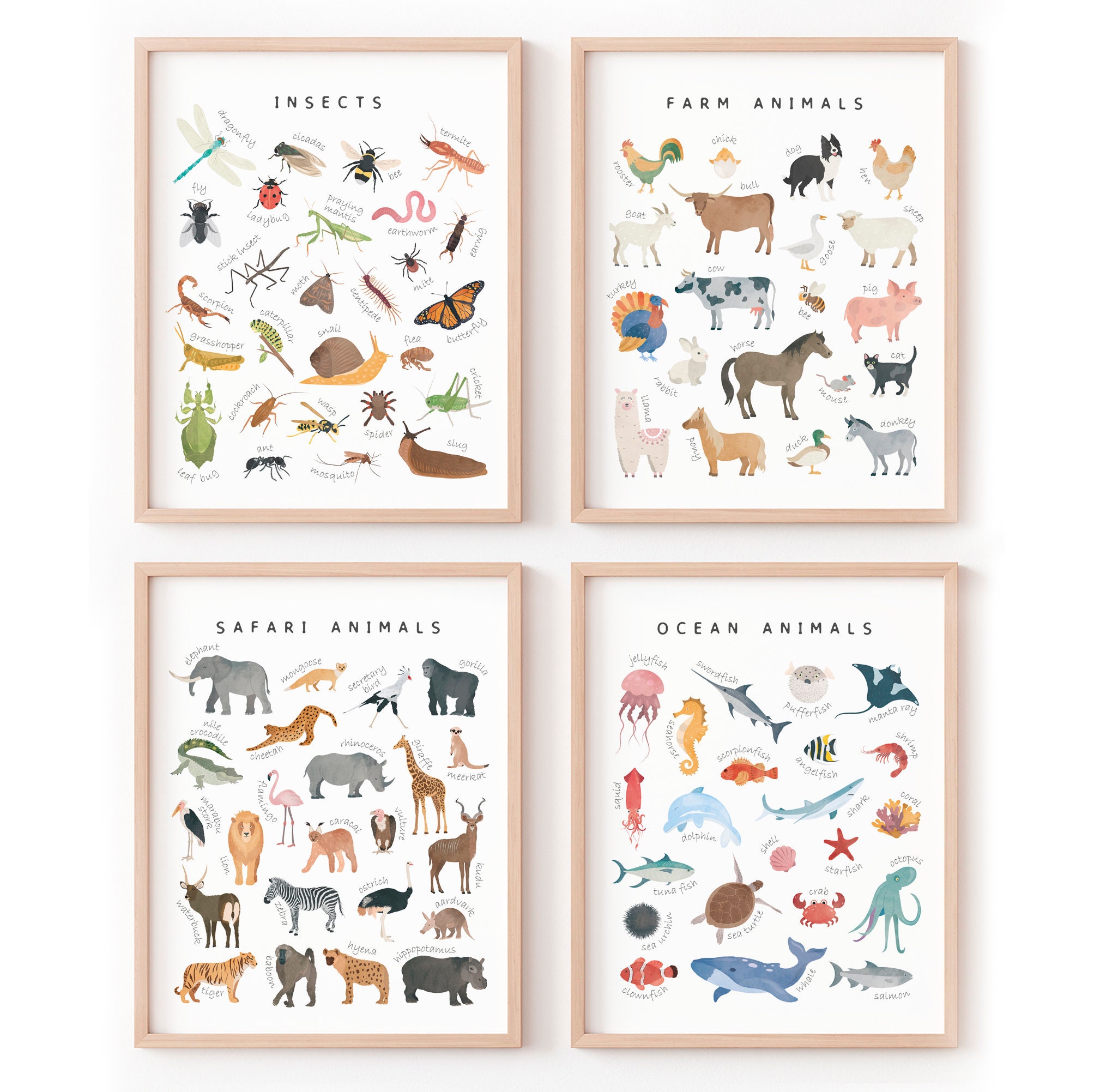 Set of 7 Educational Animal Posters, Insects, Farm Animals, Safari ...