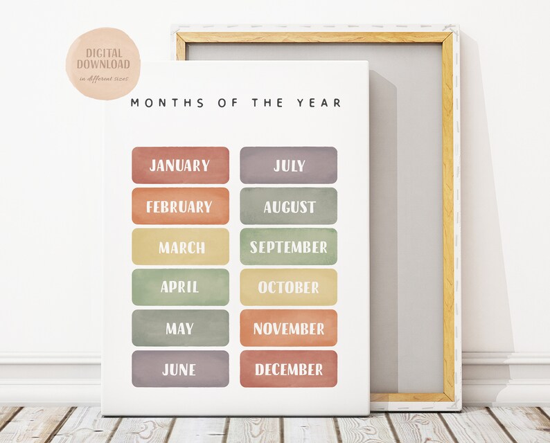 Months of the Year Poster, Playroom Educational Poster, Rainbow Nursery ...