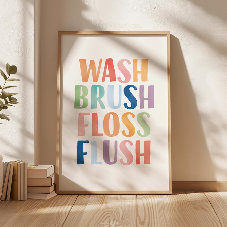 Wash Brush Floss Flush Poster, Rainbow Bathroom Print, Kids Bathroom ...