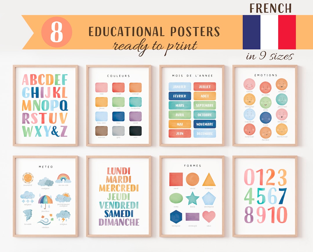 Set of 8 French Educational Posters, Homeschool Prints, Montessori ...