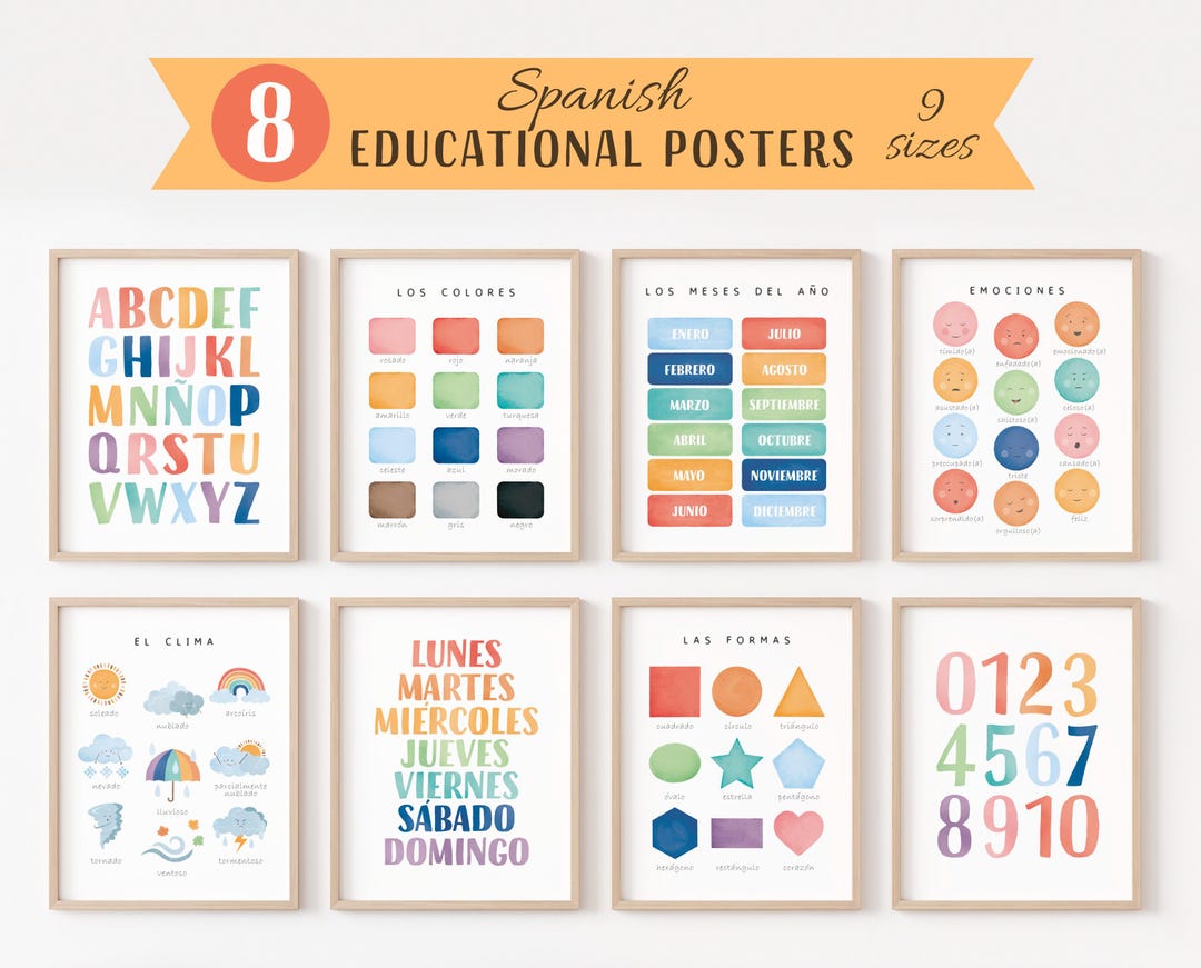 Spanish Educational Set of 8 Posters, Montessori Materials, Rainbow ...