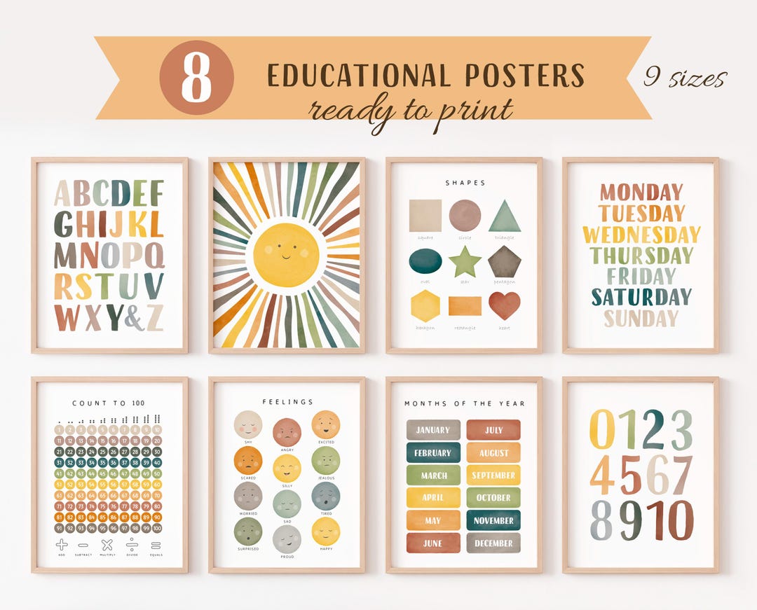 Set of 8 Rainbow Educational Posters, Montessori Classroom Decor, Sun ...
