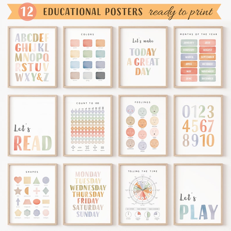 Pastel Educational Posters Set, 12 Homeschool Prints, Montessori ...