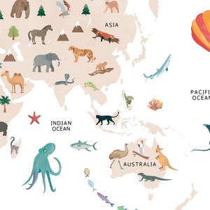 Animal World Map, Nursery Map, Safari Animals, Educational Poster ...