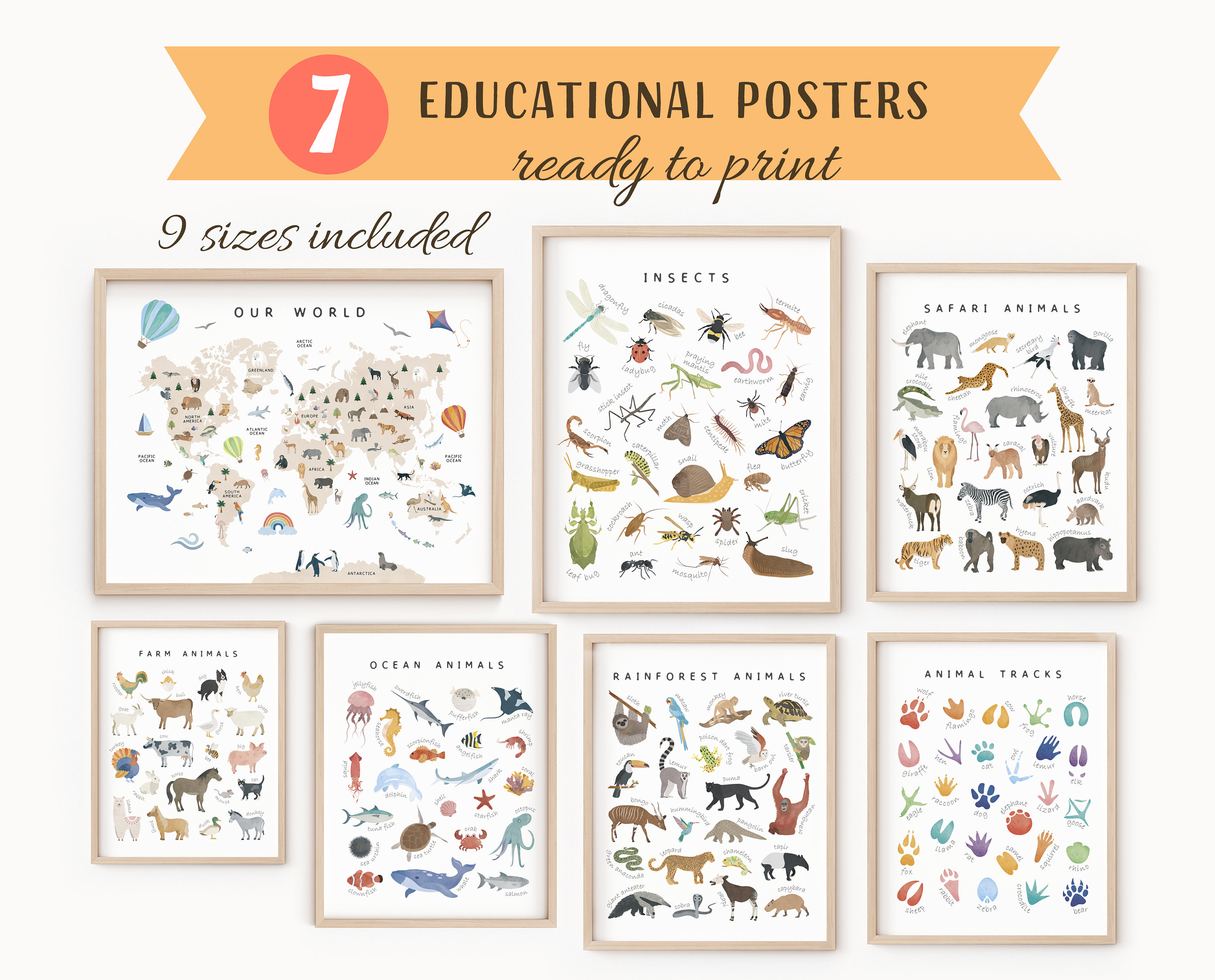 Set of 7 Educational Animal Posters, Insects, Farm Animals, Safari ...