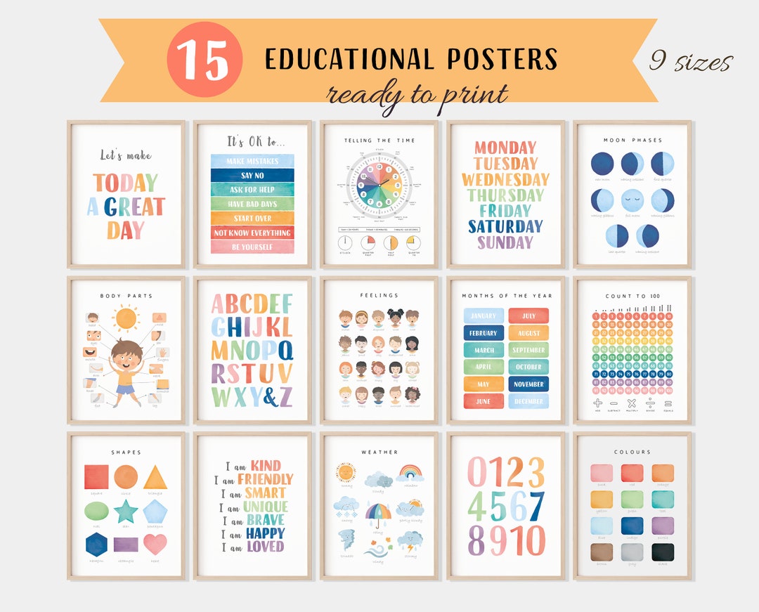 Educational Posters Set, 15 Homeschool Prints, Montessori Classroom ...