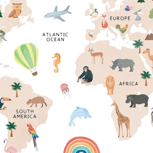 Animal World Map, Nursery Map, Safari Animals, Educational Poster ...