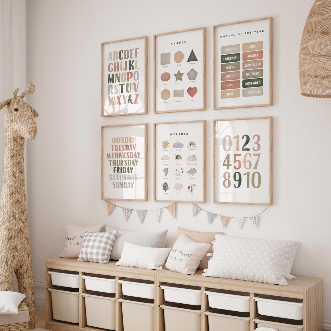 Set of 6 Neutral Educational Posters, Playroom Posters, Earth Tones ...