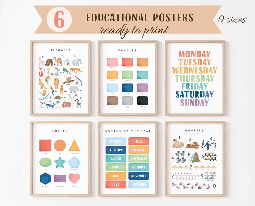 Rainbow Educational Posters, 6 Homeschool Prints, Animal Alphabet ...