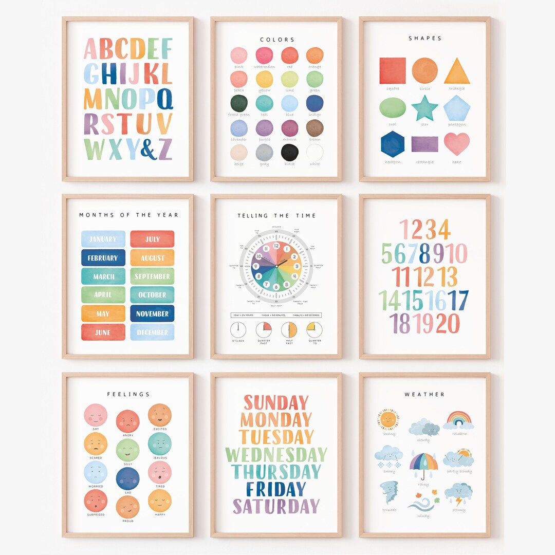 Set of 9 Playroom Posters, Educational Montessori Posters, Classroom ...