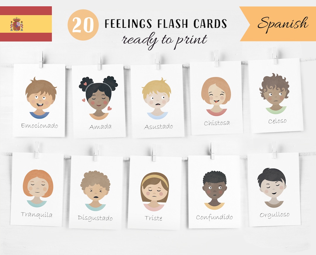 20 Feelings Flash Cards in Spanish, Emotions Chart, Montessori ...