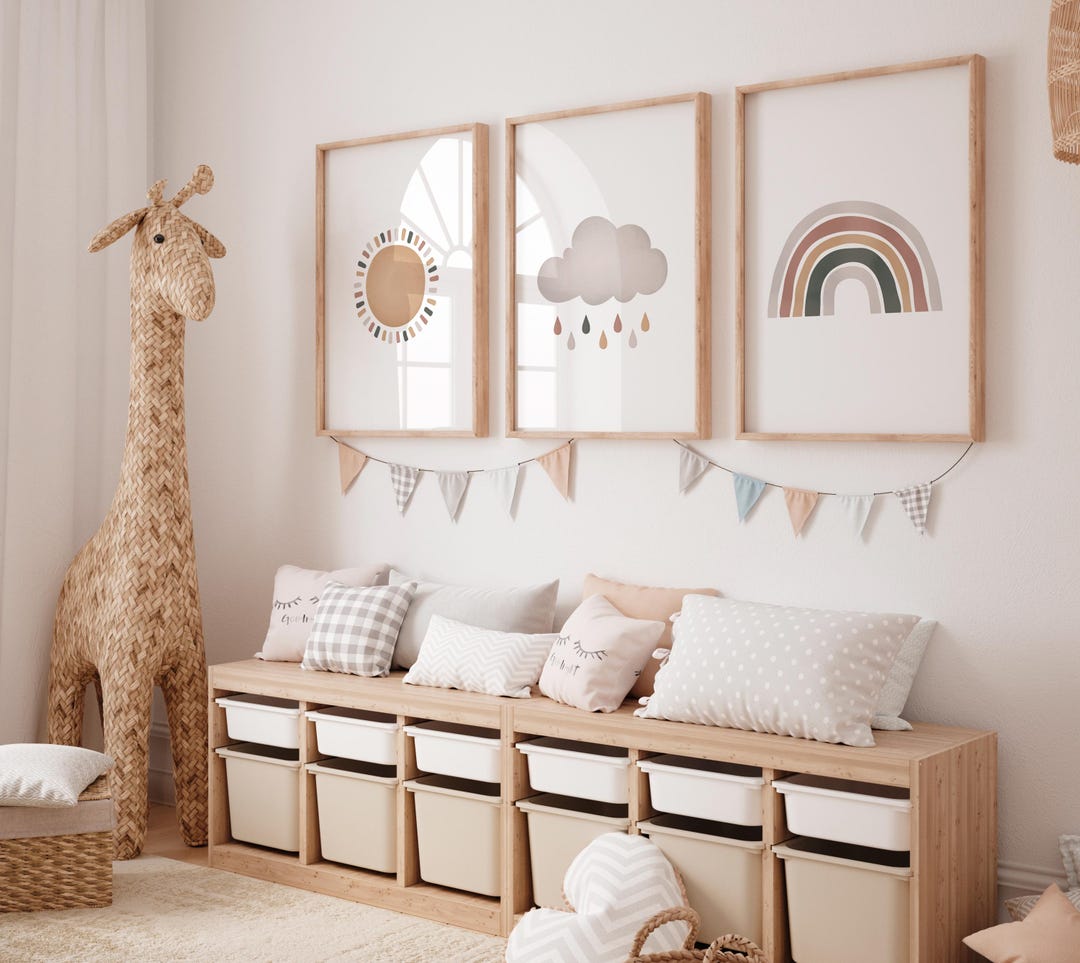 Neutral Playroom Posters, Sun, Cloud, Rainbow, Boho Nursery Wall Decor ...