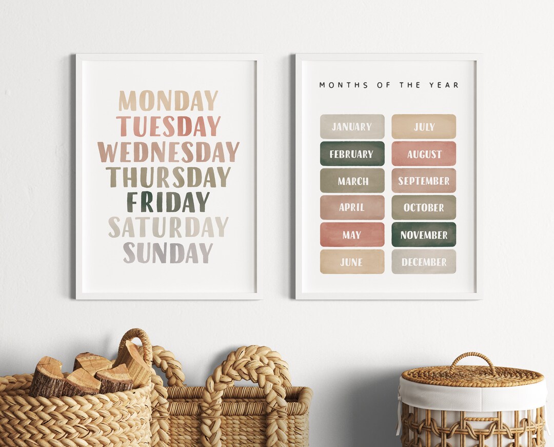 Set of 2 Neutral Educational Posters, Days Print, Playroom Educational ...