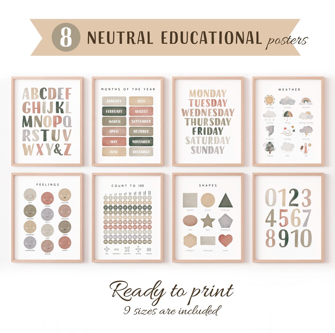 Set of 8 Neutral Educational Posters, Earth Tone Learning Printables ...
