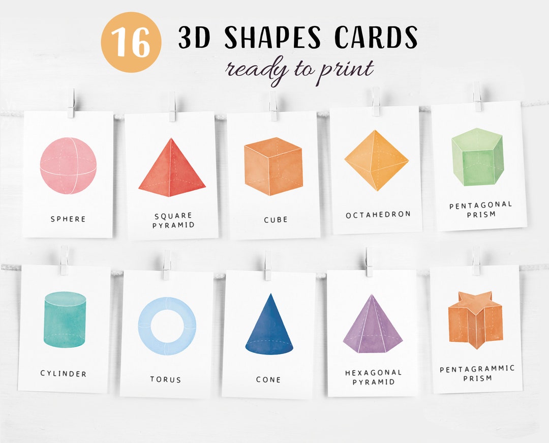 16 3D Shapes Flash Cards Printable, Toddlers Preschool, Geometric Flash ...