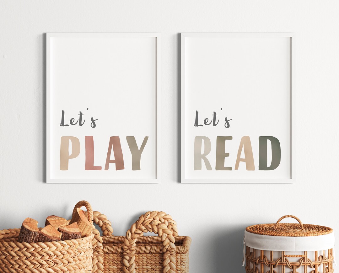 Neutral Nursery Wall Decor, Let's Play, Let's Read, Set of 2 Playroom ...