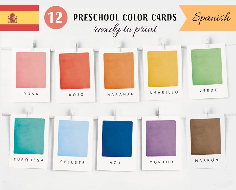 12 Spanish Color Cards, Montessori Flashcards, Spanish Cards ...