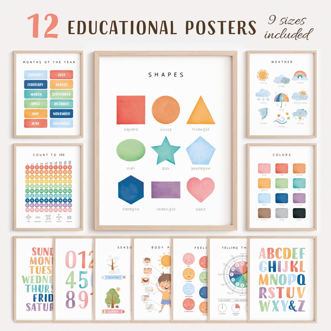 12 Educational Posters, Homeschool Prints Bundle, Montessori Classroom ...