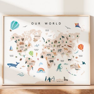 Animal World Map, Nursery Map, Safari Animals, Educational Poster ...