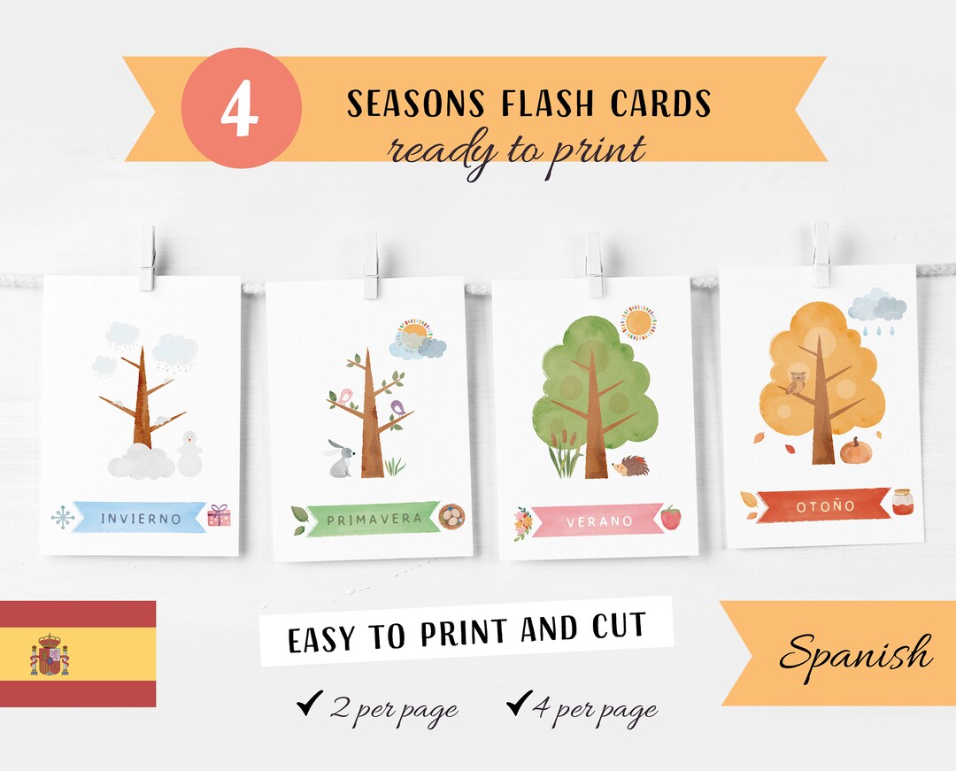 Seasons Flash Cards in Spanish, Seasons Chart, Kids Wall Decor ...