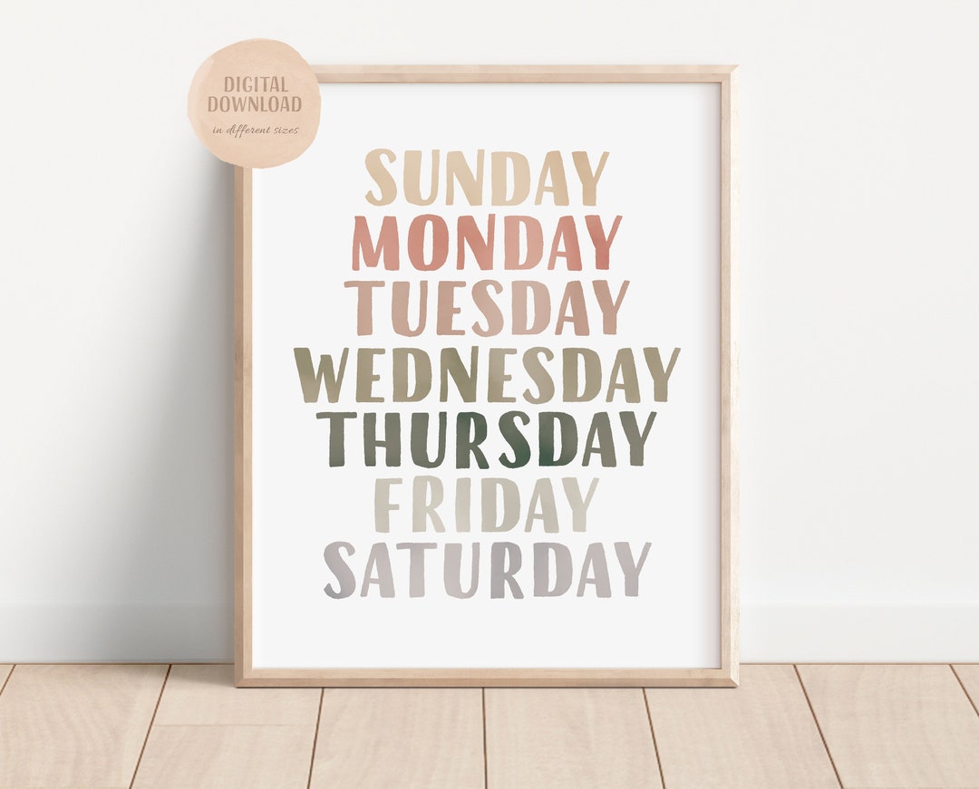 Neutral Days of the Week, Playroom Educational Poster, Neutral Nursery ...