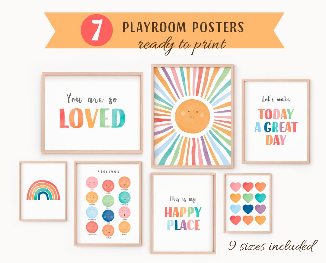 7 Playroom Posters, Set of 7 Positive Posters, Playroom Wall Decor ...