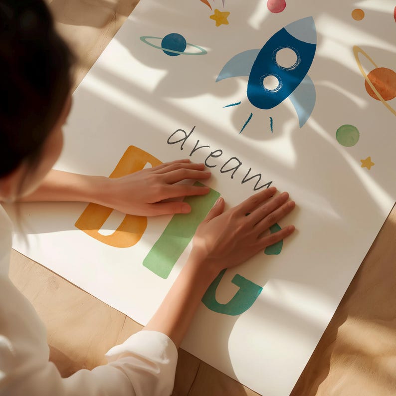 Dream Big Rocket Poster: Watercolor Space Nursery Decor (digital ...