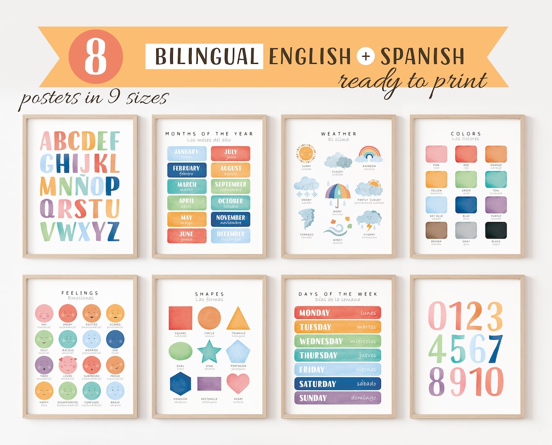 8 Bilingual Spanish Educational Posters Spanish Learning - Etsy