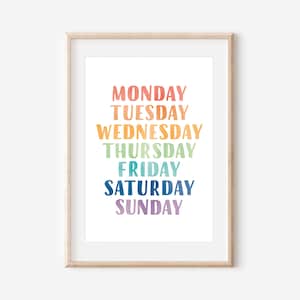 Rainbow Days of the Week, Playroom Educational Poster, Rainbow Nursery ...