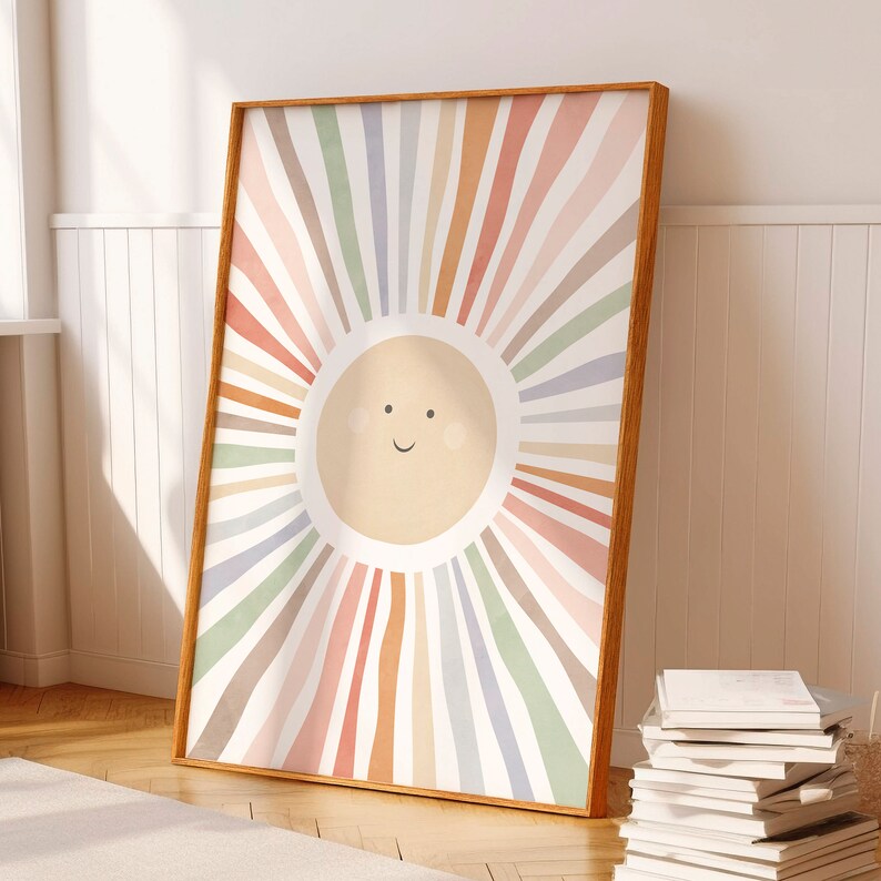 Smiling Sun Nursery Wall Art, Rainbow Sun Poster for Kids, Soft Pastel ...