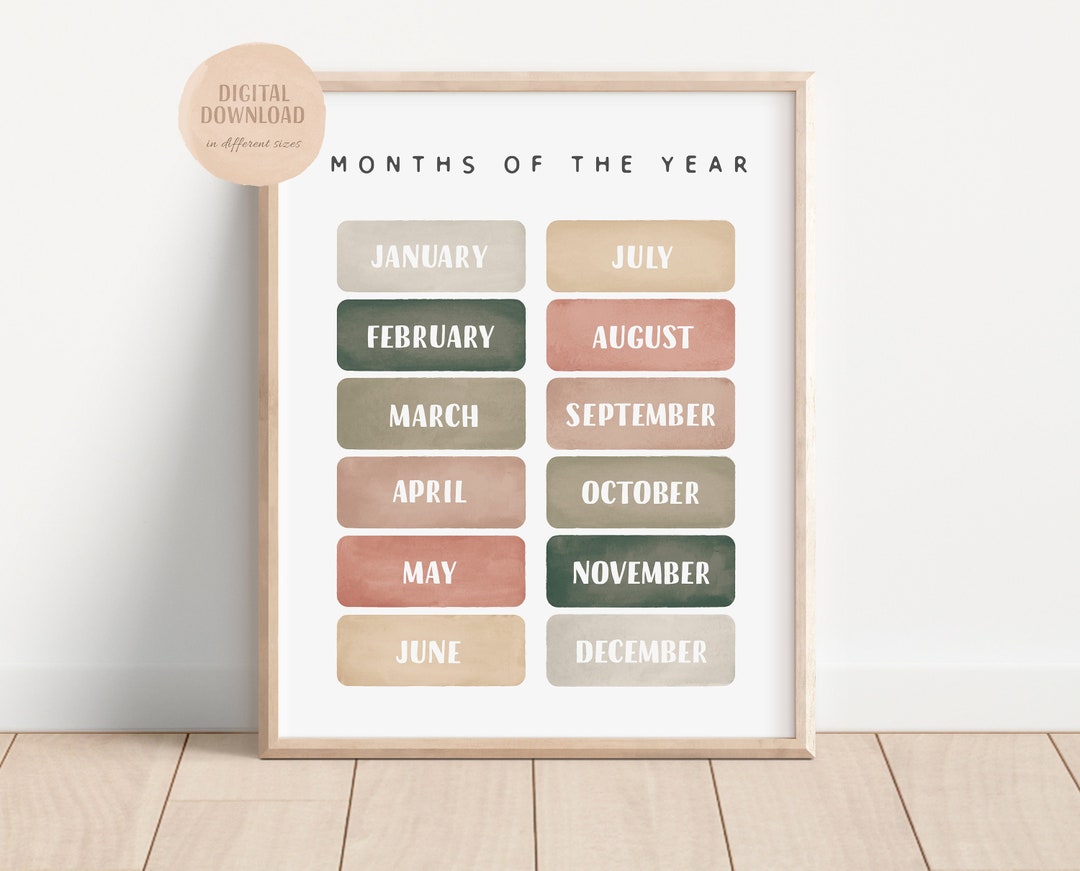 Neutral Months of the Year Poster, Playroom Educational Poster, Nursery ...
