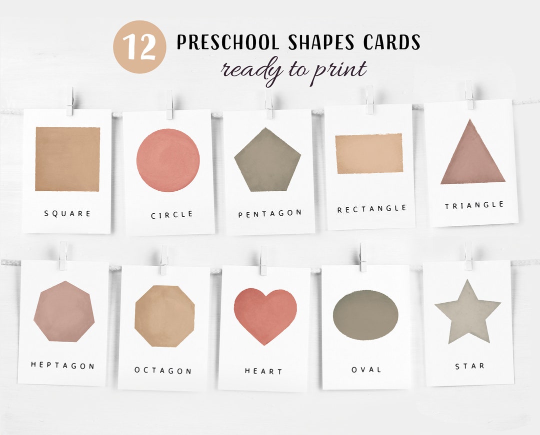 12 Shapes Flash Cards, Neutral Preschool Cards, Homeschool Printables ...