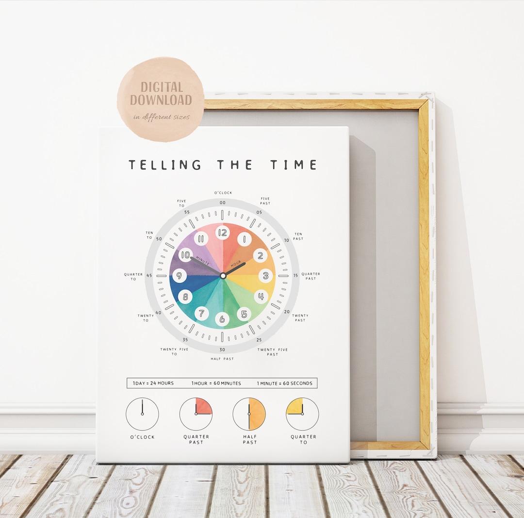 Telling the Time Poster, Time Printables, Rainbow Playroom Decor, Kids ...