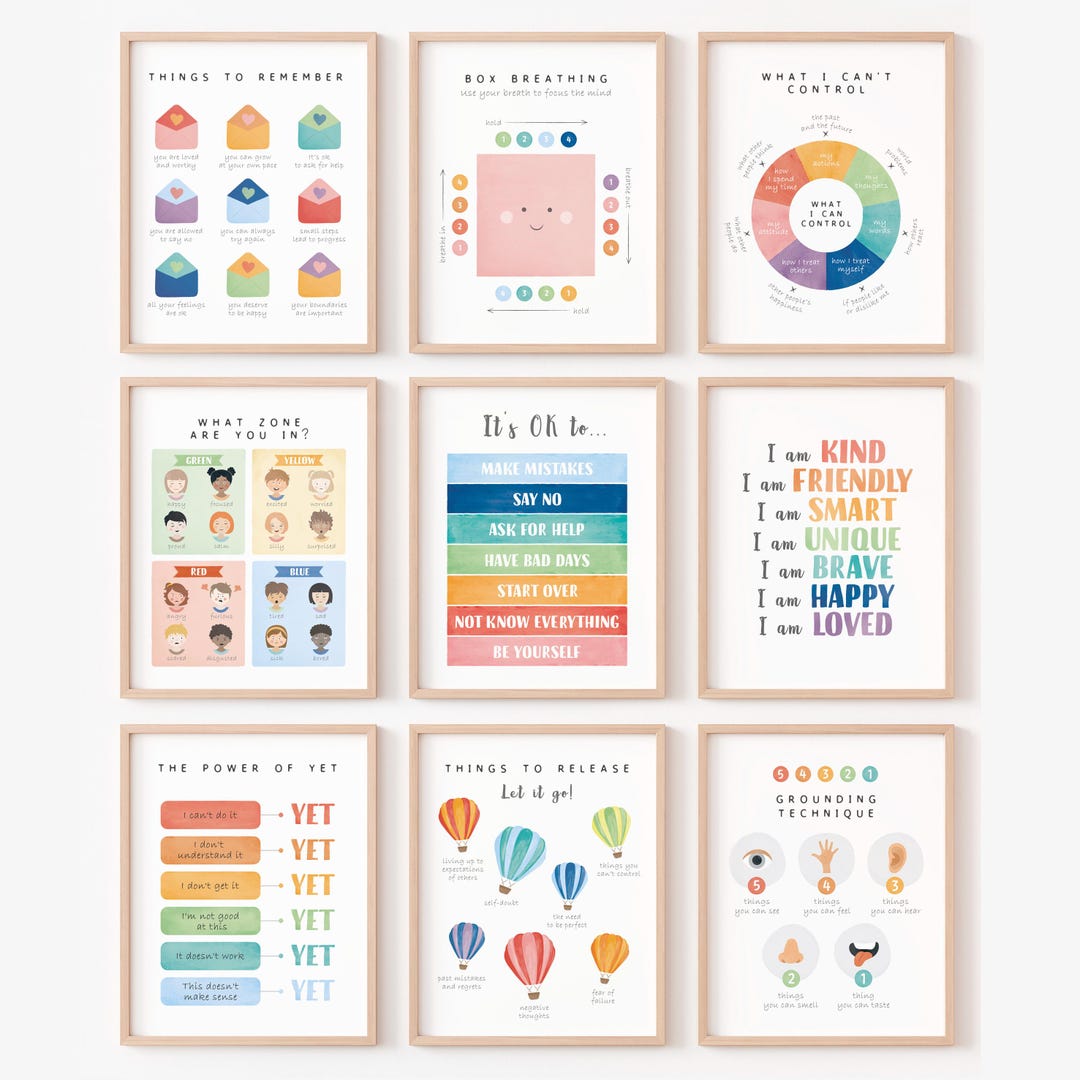 Bundle of 9 Mental Health Posters, Zones of Regulation, Therapy Office ...