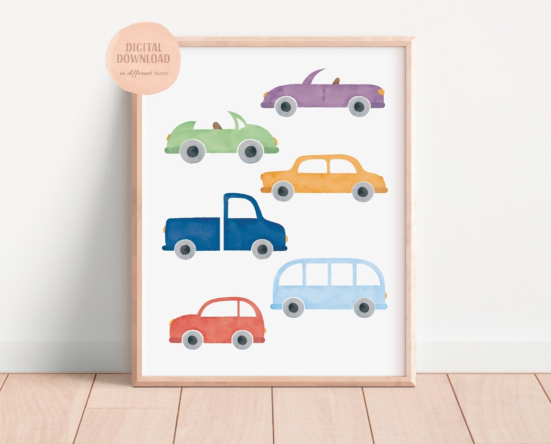 Rainbow Cars Poster, Boy Playroom Decor, Watercolour Nursery Print ...