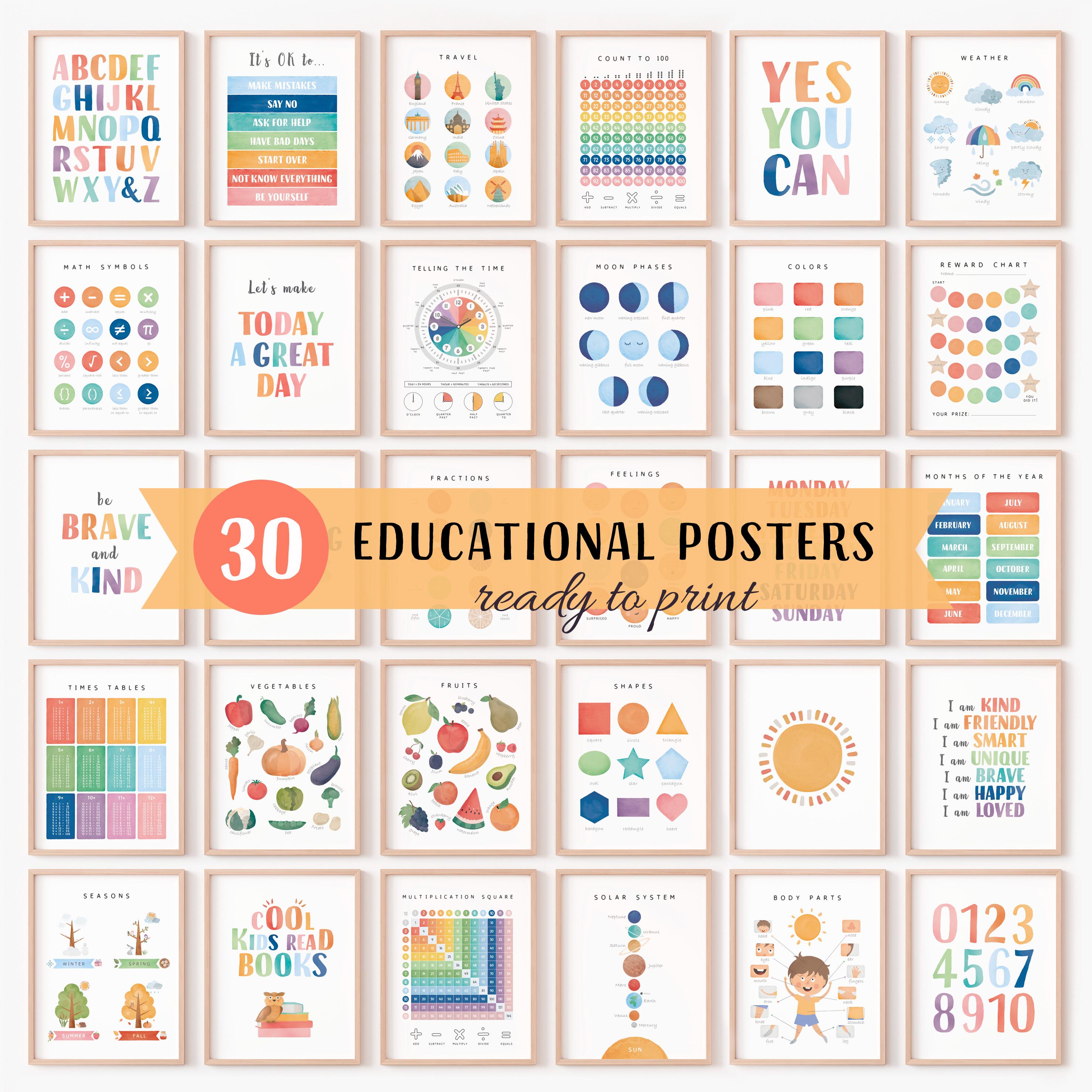 Set of 30 Educational Posters, Montessori Classroom Decor Bundle ...