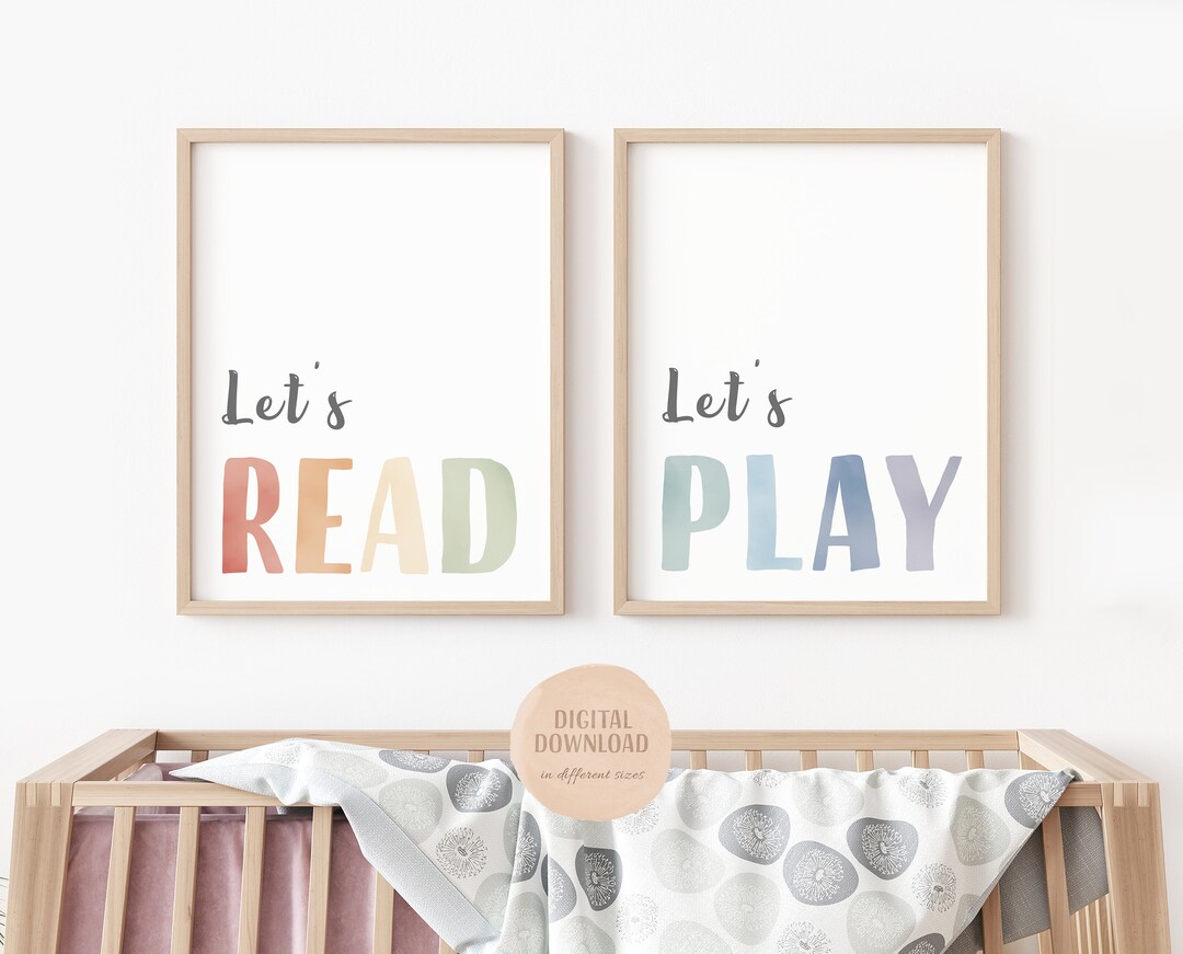 Rainbow Playroom Prints: Let's Read, Let's Play, Nursery Wall Decor ...